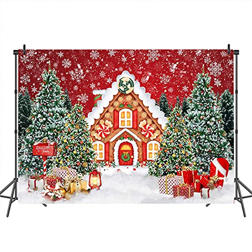 Mocsicka Christmas House Backdrop Christmas Candy House Snowflake Wonderland Pine Tree Photography Background for Kids Vinyl Cookie Exchange Kids Theme Birthday Party Decoration Banner (7x5ft)