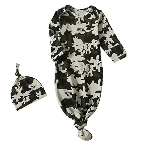 OPAWO Unisex Newborn Baby Cotton Knotted Gowns Knit Tie Gowns with Mitten Cuffs and Matching Hat for Boys Girls(Camo, 0-6 Months)