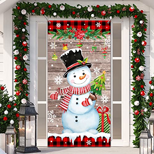 Tiamon Christmas Snowman Door Covers Decoration Xmas Wood Grain Snowman Winter Snowflake Backdrop Snowman Door Banner for Front Door Farmhouse Christmas Holiday Party Decor Supplies, 6 x 3 Feet