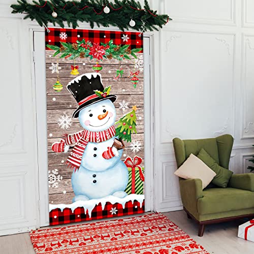 Tiamon Christmas Snowman Door Covers Decoration Xmas Wood Grain Snowman Winter Snowflake Backdrop Snowman Door Banner for Front Door Farmhouse Christmas Holiday Party Decor Supplies, 6 x 3 Feet