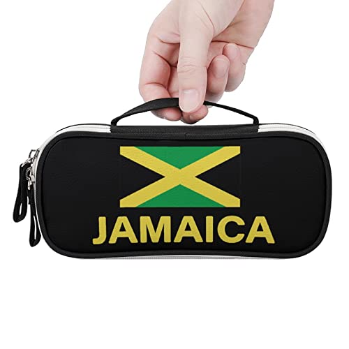 Jamaica Flag PU Leather Pencil Pen Case Organizer Travel Makeup Handbag Portable Stationery Bag