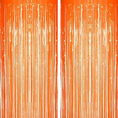 Orange Tinsel Foil Fringe Curtains Decorations - Fall Thanksgiving Carnival Halloween Party Construction Baby Shower 1st Birthday Graduation Summer Wedding Party Photo Backdrops Decorations, 2pc