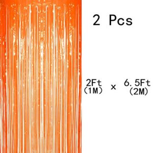 Orange Tinsel Foil Fringe Curtains Decorations - Fall Thanksgiving Carnival Halloween Party Construction Baby Shower 1st Birthday Graduation Summer Wedding Party Photo Backdrops Decorations, 2pc