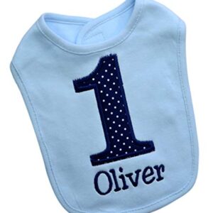 First Birthday Smash Bib for Baby Boy Turning 1 with Custom EMBROIDERED Name (BLUE & WHITE DOT)