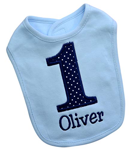 First Birthday Smash Bib for Baby Boy Turning 1 with Custom EMBROIDERED Name (BLUE & WHITE DOT)