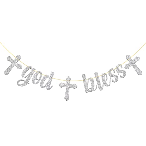 MonMon & Craft God Bless Banner / Baby Shower Party Decor / Baby Shower / First Communion / Baptisim Christening Party Decorations Silver Glitter