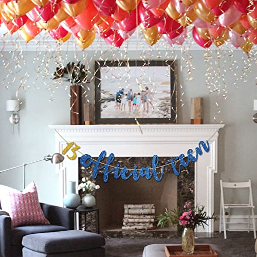 Halawawa Blue Glitter 13 Official Teen Banner - Happy 13th Birthday Party Decoration Banner for 13th Boys Girls - 13 Years Old Teenager Birthday Party Decors Photo Booth Props