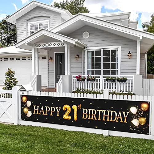 Kimini-Ki Happy 21st Birthday Banner, Lager 21st Birthday Banner Backdrops, 21st Years Old Decor, 21st Birthday Party Decorations for Boys or Girls - Black and Gold (21st)