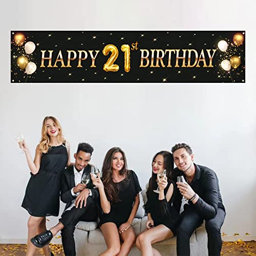 Kimini-Ki Happy 21st Birthday Banner, Lager 21st Birthday Banner Backdrops, 21st Years Old Decor, 21st Birthday Party Decorations for Boys or Girls - Black and Gold (21st)