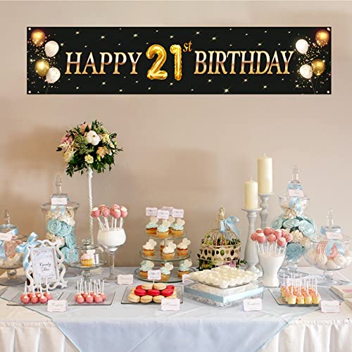 Kimini-Ki Happy 21st Birthday Banner, Lager 21st Birthday Banner Backdrops, 21st Years Old Decor, 21st Birthday Party Decorations for Boys or Girls - Black and Gold (21st)