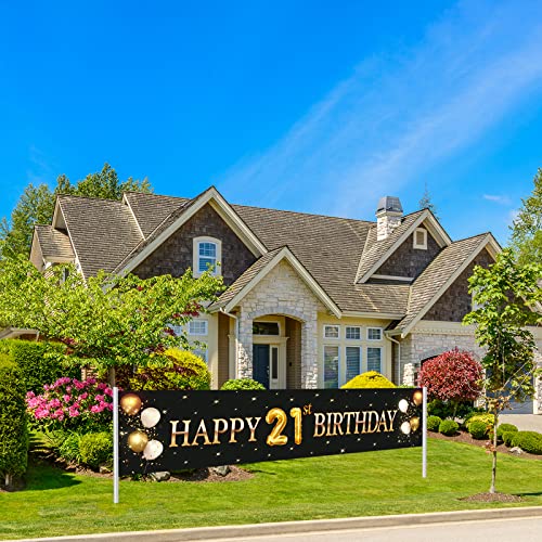 Kimini-Ki Happy 21st Birthday Banner, Lager 21st Birthday Banner Backdrops, 21st Years Old Decor, 21st Birthday Party Decorations for Boys or Girls - Black and Gold (21st)