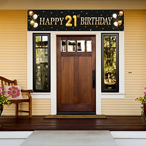 Kimini-Ki Happy 21st Birthday Banner, Lager 21st Birthday Banner Backdrops, 21st Years Old Decor, 21st Birthday Party Decorations for Boys or Girls - Black and Gold (21st)