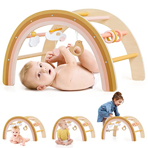 Tiny Land Baby Play Gym, Wooden Play Gym for Baby 0-6 Months, Wooden Baby Play Gym, Wood Play Gym, Wooden Baby Toys 0-9 Months, Neutral Color