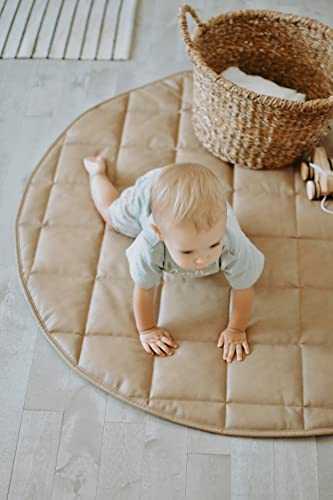 Uniklook Padded Quilted Leather Round 47" 120cm Play mat | Indoor Outdoor | Reversible Tan + Cream | Timmy Time Mat Crawling Play Time | Waterproof Baby Infant Floor Mat (Tan + Cloud)