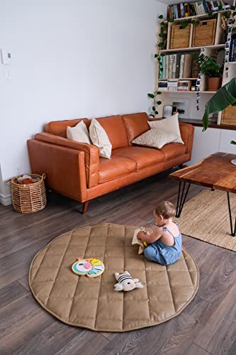 Uniklook Padded Quilted Leather Round 47" 120cm Play mat | Indoor Outdoor | Reversible Tan + Cream | Timmy Time Mat Crawling Play Time | Waterproof Baby Infant Floor Mat (Tan + Cloud)