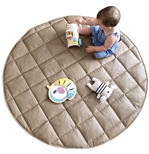 Uniklook Padded Quilted Leather Round 47" 120cm Play mat | Indoor Outdoor | Reversible Tan + Cream | Timmy Time Mat Crawling Play Time | Waterproof Baby Infant Floor Mat (Tan + Cloud)