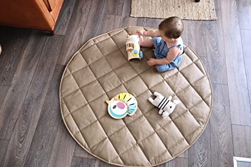 Uniklook Padded Quilted Leather Round 47" 120cm Play mat | Indoor Outdoor | Reversible Tan + Cream | Timmy Time Mat Crawling Play Time | Waterproof Baby Infant Floor Mat (Tan + Cloud)