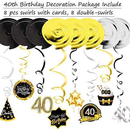 40 Birthday Decoration Ceiling Hanging Swirls(16Pcs) Silver Black and Gold, Happy 40th Birthday Foil Swirl Streamers, 40th Birthday Party Supplies Decorations Photobooth Backdrops