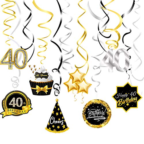 40 Birthday Decoration Ceiling Hanging Swirls(16Pcs) Silver Black and Gold, Happy 40th Birthday Foil Swirl Streamers, 40th Birthday Party Supplies Decorations Photobooth Backdrops