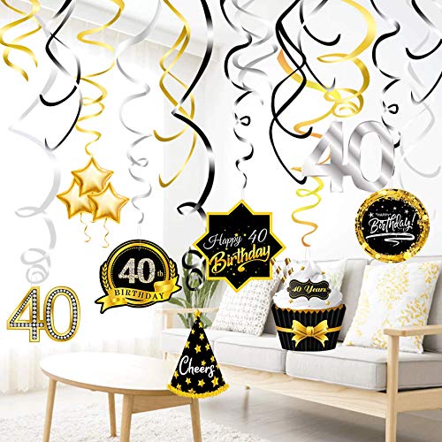 40 Birthday Decoration Ceiling Hanging Swirls(16Pcs) Silver Black and Gold, Happy 40th Birthday Foil Swirl Streamers, 40th Birthday Party Supplies Decorations Photobooth Backdrops