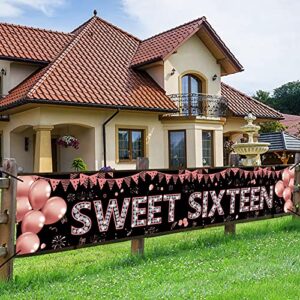 happy 16th birthday banner decorations for girls, rose gold sweet sixteen birthday party supplies, 16 years old birthday photo booth sign(9.8×1.6ft)