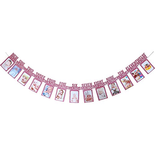 1st Birthday Photo Banner, First Birthday Party Supplies, Baby Photo Decorations from New Born to 12 Months, Pink Glitter First Birthday Bunting-Pink