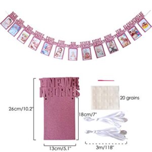 1st Birthday Photo Banner, First Birthday Party Supplies, Baby Photo Decorations from New Born to 12 Months, Pink Glitter First Birthday Bunting-Pink