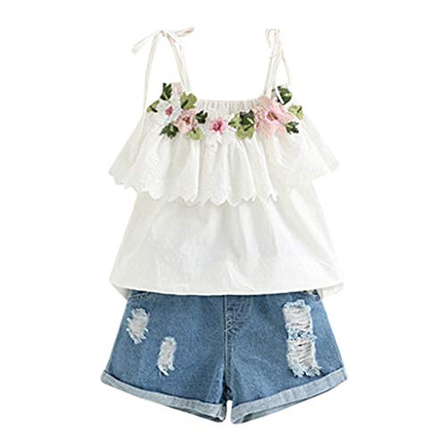 Baby Toddler Girls Summer Shorts Sets for 2-7 Years Old Kids Embroidery T-Shirt and Denim Shorts Outfits Clothes (6-7 Years Old, White)