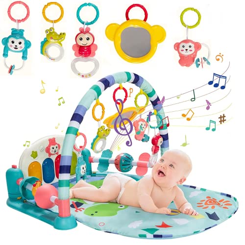 BABY JOY Baby Play Mat, Kick and Play Piano Gym with Projector, Foot Gym Carpet Piano Fitness Rack, 4 Rattle Pendants and 1 Mirror, Suitable for Baby Room, Nursery (Blue)