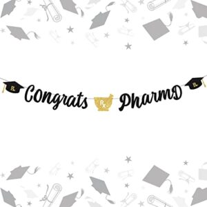 congrats graduation banner, black congratulations banner with cap and medicine jar, no-diy congratulations banner black and gold glitter pharmd college graduation decorations 2023