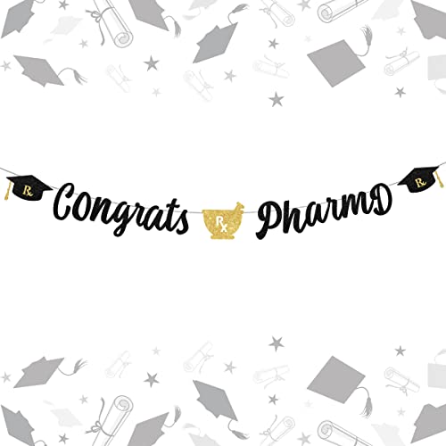 Congrats Graduation Banner, Black Congratulations Banner with Cap And Medicine Jar, NO-DIY Congratulations Banner Black and Gold Glitter PharmD College Graduation Decorations 2023