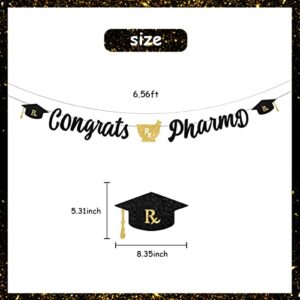 Congrats Graduation Banner, Black Congratulations Banner with Cap And Medicine Jar, NO-DIY Congratulations Banner Black and Gold Glitter PharmD College Graduation Decorations 2023