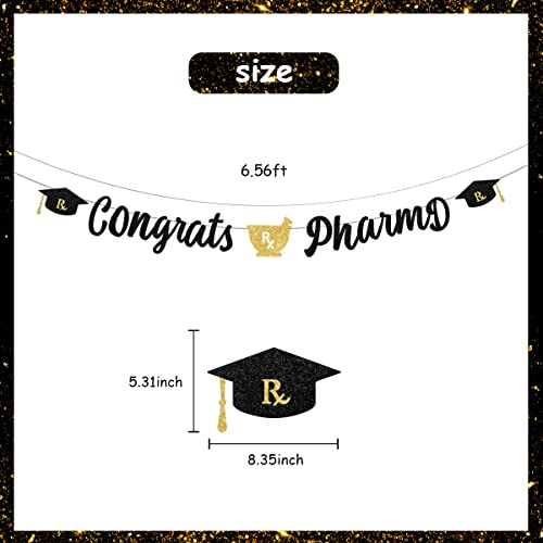 Congrats Graduation Banner, Black Congratulations Banner with Cap And Medicine Jar, NO-DIY Congratulations Banner Black and Gold Glitter PharmD College Graduation Decorations 2023