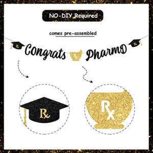 Congrats Graduation Banner, Black Congratulations Banner with Cap And Medicine Jar, NO-DIY Congratulations Banner Black and Gold Glitter PharmD College Graduation Decorations 2023