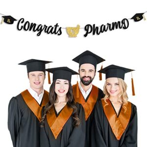 Congrats Graduation Banner, Black Congratulations Banner with Cap And Medicine Jar, NO-DIY Congratulations Banner Black and Gold Glitter PharmD College Graduation Decorations 2023