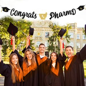 Congrats Graduation Banner, Black Congratulations Banner with Cap And Medicine Jar, NO-DIY Congratulations Banner Black and Gold Glitter PharmD College Graduation Decorations 2023