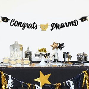 Congrats Graduation Banner, Black Congratulations Banner with Cap And Medicine Jar, NO-DIY Congratulations Banner Black and Gold Glitter PharmD College Graduation Decorations 2023