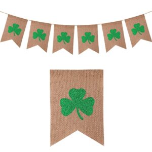 savita st patrick’s day banner, burlap garland banner flag green shamrock pull flags irish glitter clover bunting outdoor hanging decor party supplies