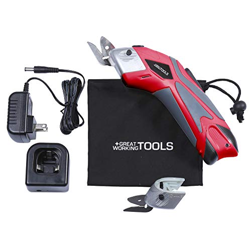 Great Working Tools Cordless Scissors - Electric Power with Blades for Sewing Crafting Fabric Paper Cardboard, 3.6v Li-Ion Battery - Red - 2 Blades