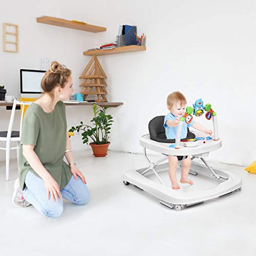 HONEY JOY Baby Walker, Foldable Push Learning Walker Toy-Seated & Walk-Behind with Wheels, Interactive Piano & Pedants, Adjustable Height & & Speed, Padded Seat, Baby Walkers for Boys Girls(Gray)