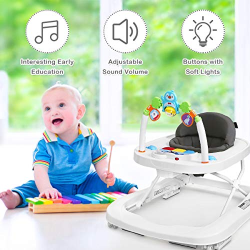 HONEY JOY Baby Walker, Foldable Push Learning Walker Toy-Seated & Walk-Behind with Wheels, Interactive Piano & Pedants, Adjustable Height & & Speed, Padded Seat, Baby Walkers for Boys Girls(Gray)