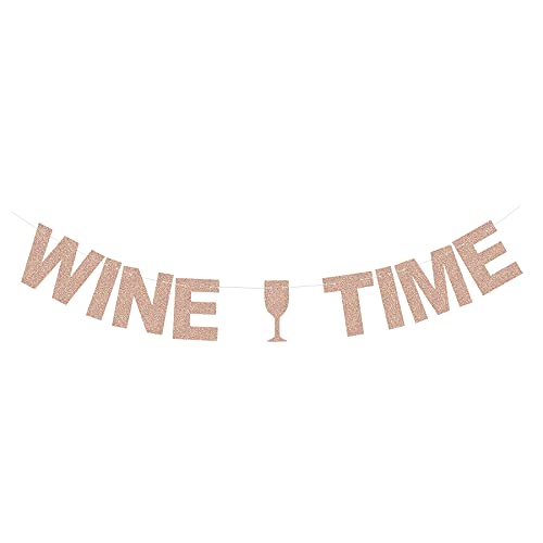 Glittery Rose Gold Wine Time Banner for Wine Tasting Party Bunting Drink/Alcohol Party Paper Backdrop Decorations