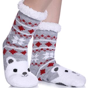 FNOVCO Kids Slipper Socks Boys Girls Fuzzy Soft Thick Cozy Warm Fleece lined Winter Indoor Christmas Socks (8-12 Years, Polar Bear)