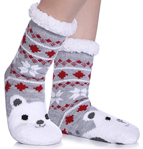 FNOVCO Kids Slipper Socks Boys Girls Fuzzy Soft Thick Cozy Warm Fleece lined Winter Indoor Christmas Socks (8-12 Years, Polar Bear)