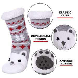 FNOVCO Kids Slipper Socks Boys Girls Fuzzy Soft Thick Cozy Warm Fleece lined Winter Indoor Christmas Socks (8-12 Years, Polar Bear)