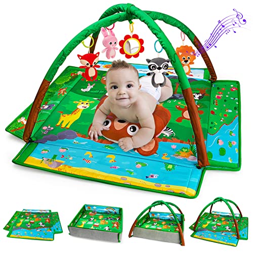 teytoy 6 in 1 Baby Play Mat Thicker Baby Play Gym High Stable Baby Activity Mat Baby Toys 6 to 12 Months with Musical Plush Newborn Toys, Baby Mirror, Tummy Time Pillow for Sensory Skills Development