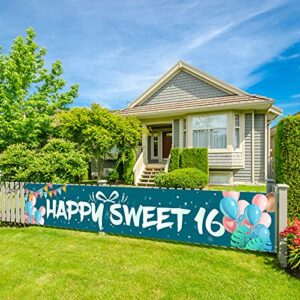 vlipoeasn sweet 16 birthday decorations for girls 16th birthday banner, teal happy sweet 16 birthday decorations, happy 16th birthday yard sign sixteen birthday decor photo prop (9.8×1.6ft) (teal)