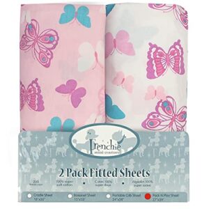 frenchie mini couture, fitted pack n play sheets, 2 pack, 100% woven cotton, pack and play mattress sheets, fits most mini crib & playard, 27 x 39 x 4in, butterfly