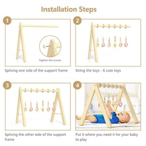 BESFAN Wooden Baby Gym with 6 Toys, Foldable Baby Play Gym Frame Activity Center Hanging Bar Newborn Gift, Wooden Baby Hanging Toys for Play & Learn