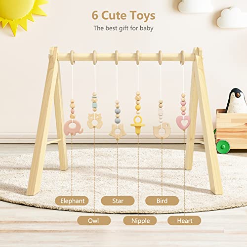 BESFAN Wooden Baby Gym with 6 Toys, Foldable Baby Play Gym Frame Activity Center Hanging Bar Newborn Gift, Wooden Baby Hanging Toys for Play & Learn